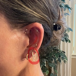 14K Solid Gold Fan-shape Stud Earring Geometric Cartilage Stud Clear Stone Conch Stud Helix Stud ...