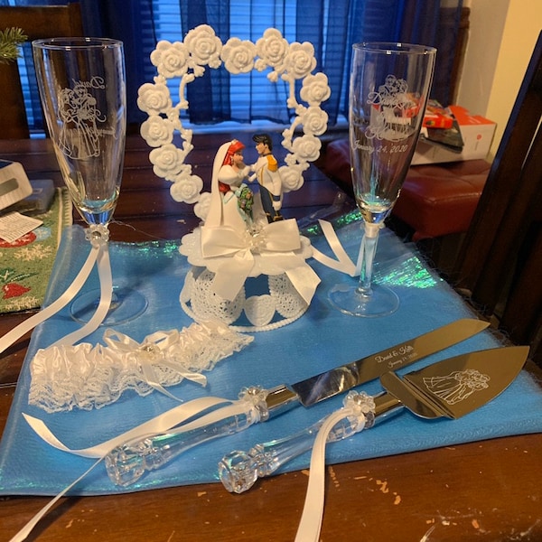 SPECIAL Eric and Little MERMAID Wedding Cake Topper Lot Glasses, Knife ...