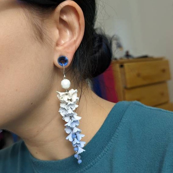 Bridal Flower Earrings Light Blue Bridal Earrings Blue Petal Earrings Blue Long Earrings Light ...