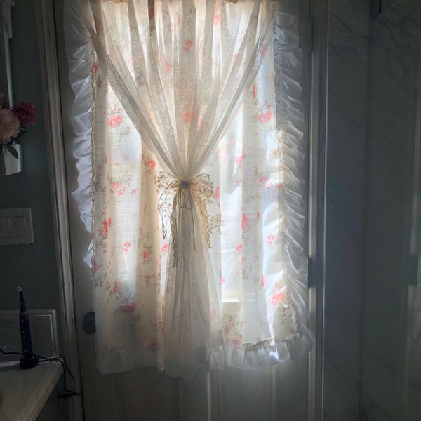 Ruffle Floral Printed Cotton Curtain, One Panel Ruffle Flower Coquette ...