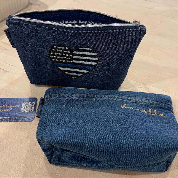 Personalized Upcycled Denim Zipper Pouch: Embroidered Makeup Bag Made ...