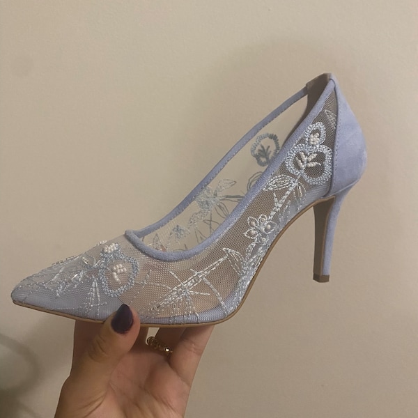 Blue Wedding Pumps With Mid Pointy Heel and Floral Embroidery, Floral ...