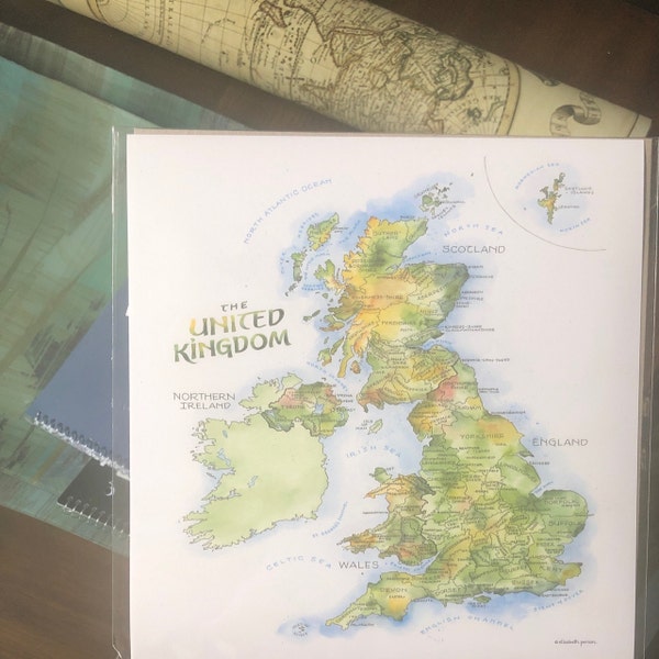 United Kingdom Watercolor Map Art Print Including Scotland Wales ...