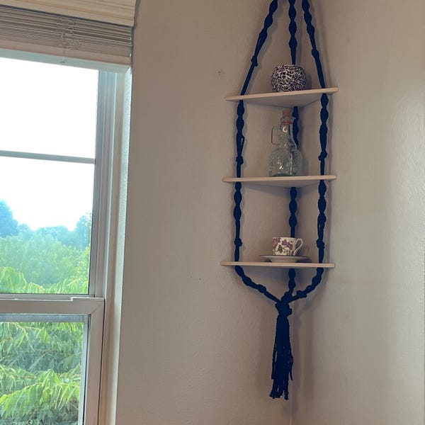 Hanging Macrame Corner Shelf, Petite Macrame Wood Shelf, 3 Tier Macramé ...