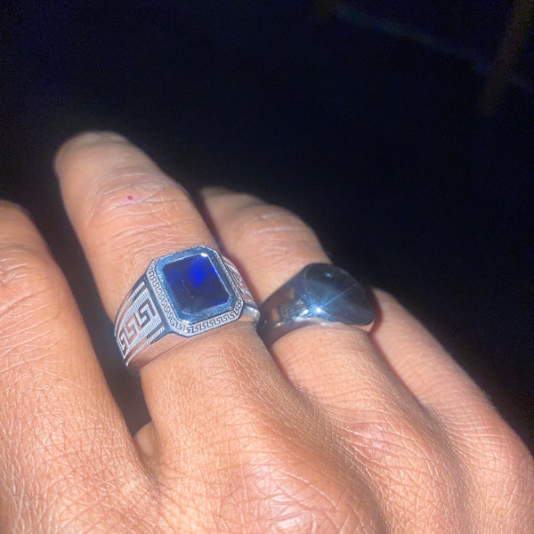 Silver Greek Men Rings, Signet Sapphire Ring, Shiny Silver Men Ring ...