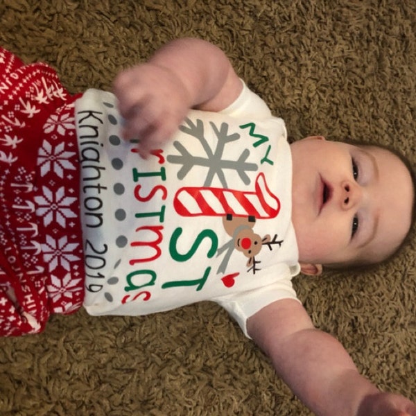 Baby Boy My First Christmas Outfit, Personalized Reindeer Bodysuit or ...