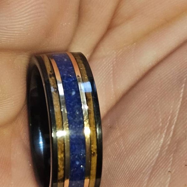 Charred Whiskey Barrel Ring With Lapis Lazuli, Lapis Wood Ring, Whiskey ...