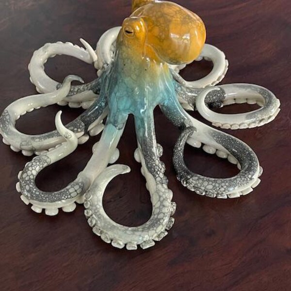 Handmade Ceramic Octopus Sculpture: Brown and Teal Ocean Decor - Etsy