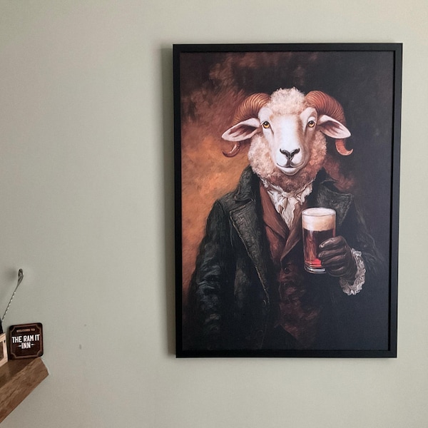 Ram Drinking Beer Wall Art Print // Vintage Painting Style Portrait of ...
