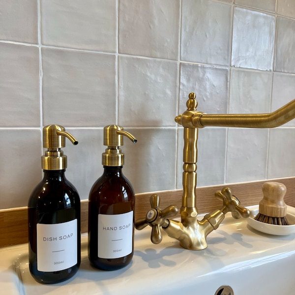 Amber Glass Soap Dispenser - Labelled Refillable Bottle With Metal Pump ...