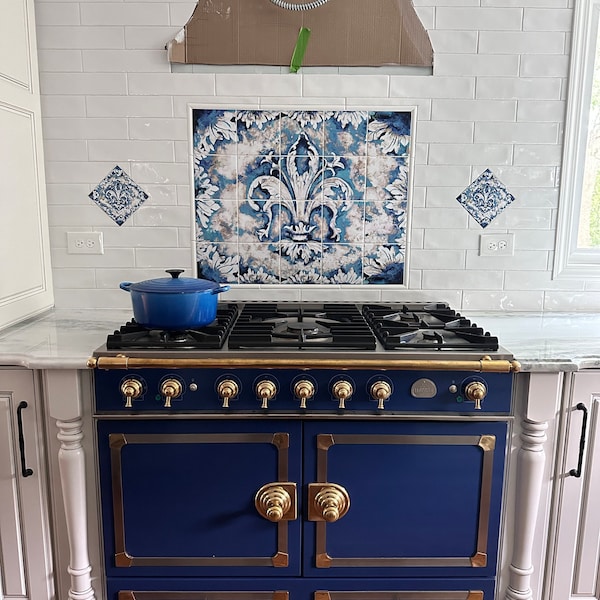 Fleur De Lis Ceramic Tile Backsplash Mural French Country Blue and ...