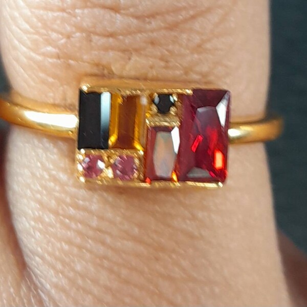 Unique Multi Gemstone Box Ring, 14K Solid Gold Baguette Garnet ...