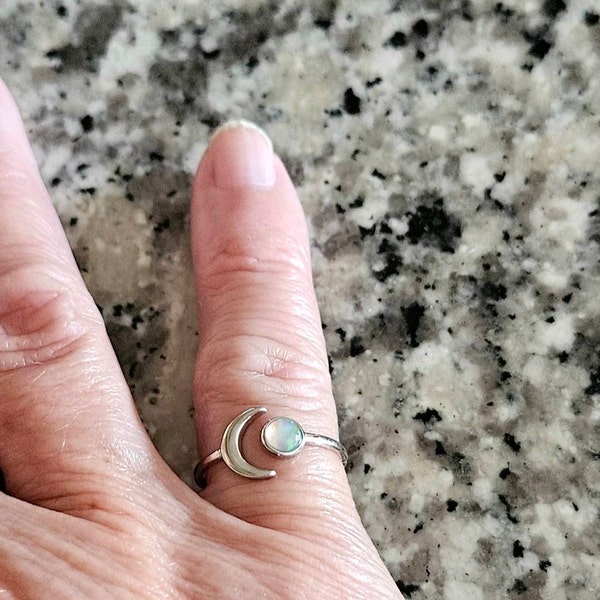 Sterling Silver Opal Moon Ring, Full Moon and Cresent Moon, Adjustable Sized Ring, Open Ring ...