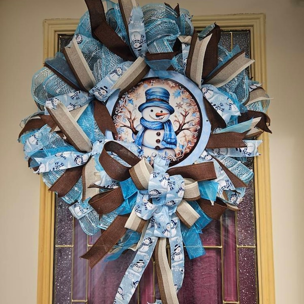 Snowman Wreath Sign - Blue and Brown - Winter Wreath Sign - Round Sign ...