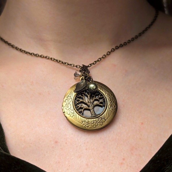 Tree of Life Locket, Olive Crystal Pearl, Bronze Czech Flower, Bronze ...
