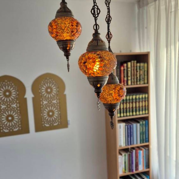 Turkish Ceiling Lighting, Turkish Pendant Lamp, 3 Globe Mosaic Hanging ...