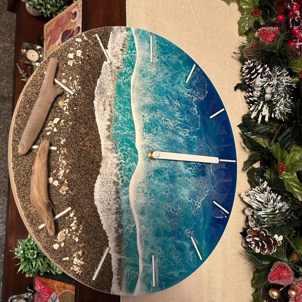 Resin Clock- Sand and Ocean Blue Water and White Waves / Beach Art ...