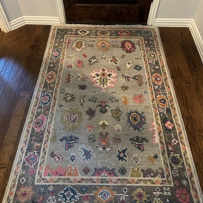 Dark Blue Oushak Rug, Handknotted Black Oushak Wool Rug in Green Accent ...