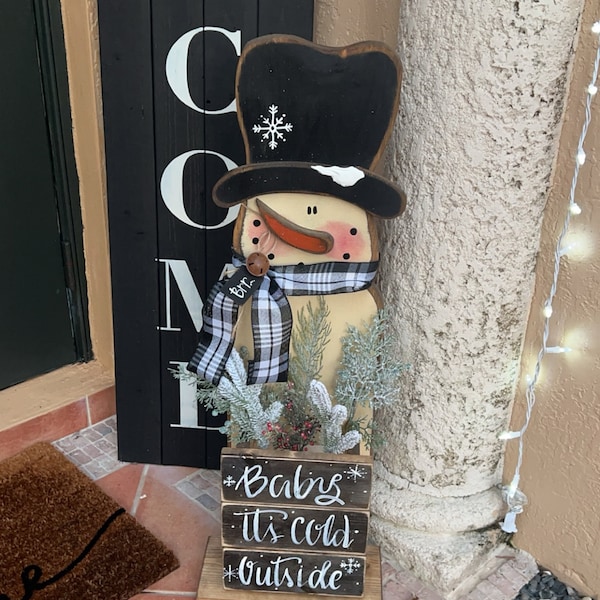 Standing Wood Snowman/3 Ft Tall/primitive Winter Decor/ Rustic Snowman ...