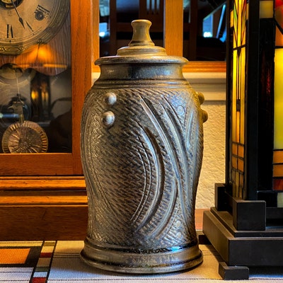 Wheel-thrown Wood-fired Blue Pottery Covered Urn 9 5/8x8 1/2 Opening 3 ...