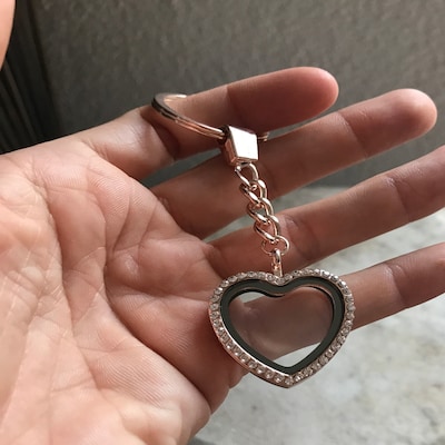 HEART Keychain Floating Locket glass Locket With Rhinestones - Etsy