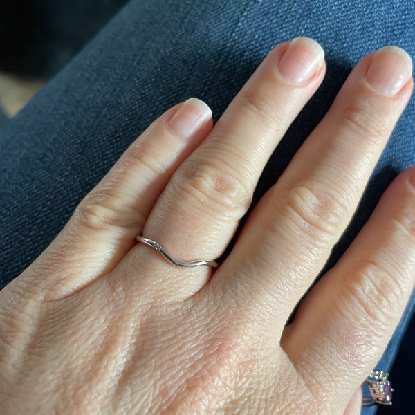 Curved Wedding Band With Single Diamond, 14K 18K Solid Gold Stack Band ...