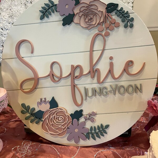 Round Floral Shiplap Baby Name Sign for Nursery or Shower Decor Flowers ...