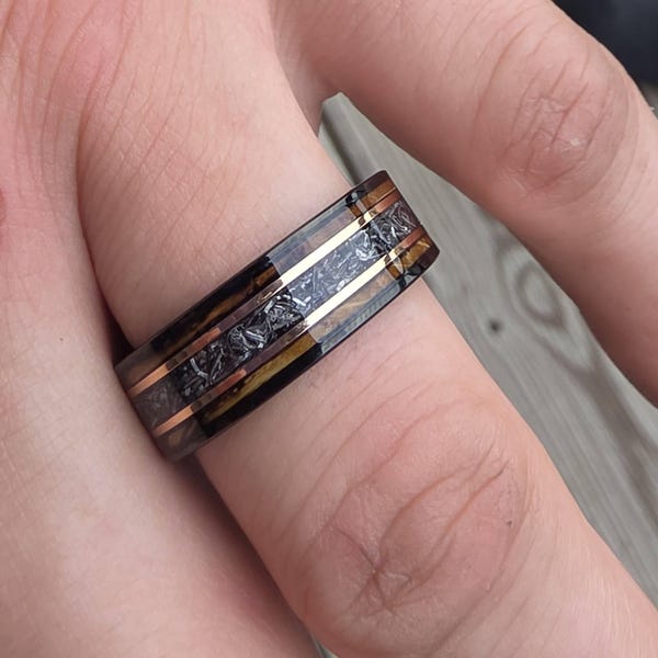Charred Whiskey Barrel Ring With Meteorite, Meteorite Wood Ring ...