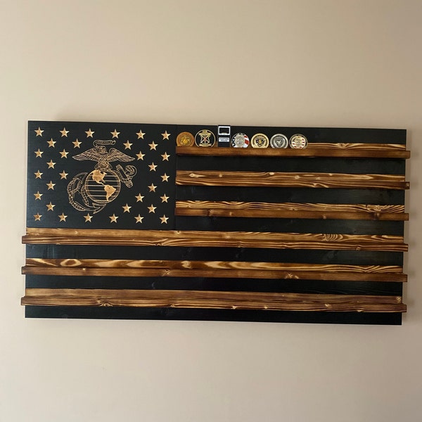 Subdued USMC Marines Wooden American Flag Challenge Coin Display, Holds ...