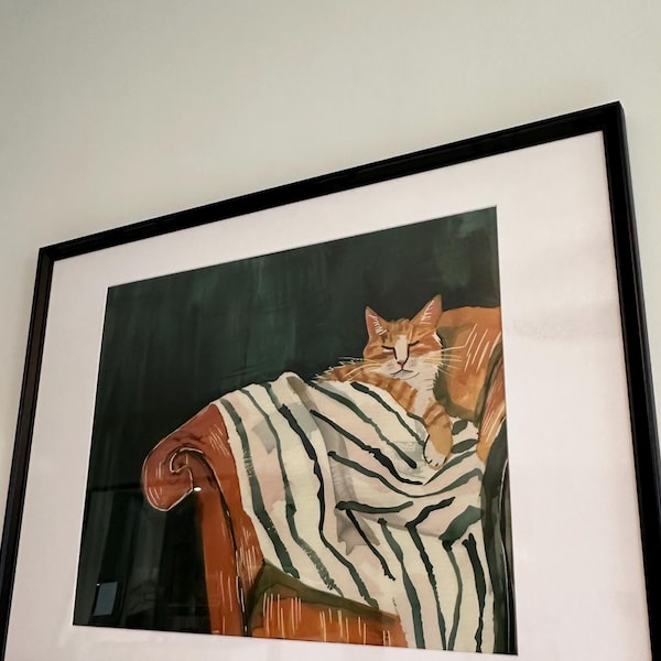 Sleeping Cat Art Print: Minimalist Dark Green Wall Art (digital ...