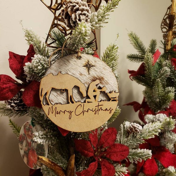 Cowboy Nativity Ornament, Real Cowhide Christmas Ornament, Western Tree ...