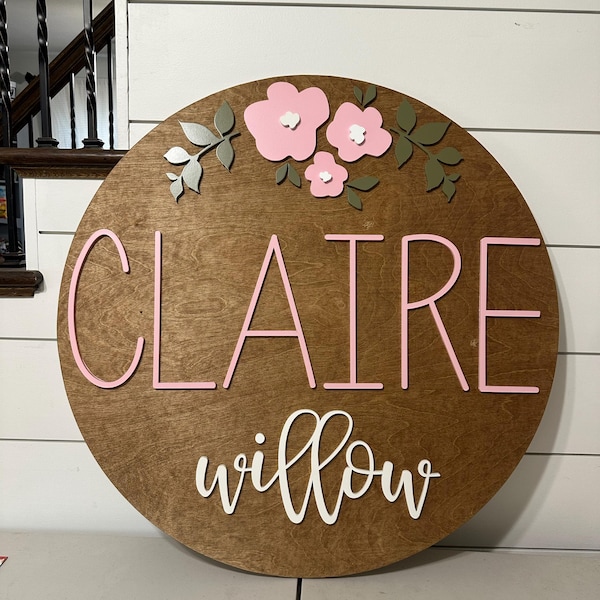 Floral Nursery Name Sign 3D Wood Round, Custom Baby Girl Gift ...