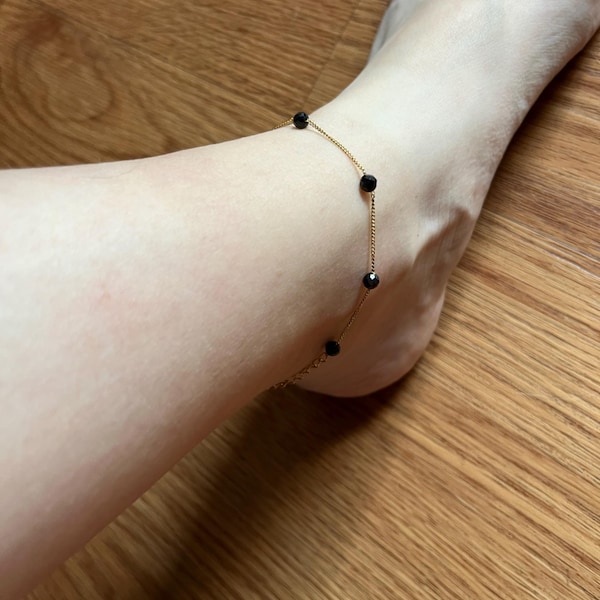 Beaded Black Tourmaline Anklet, Gemstone Chain Anklet, Black Tourmaline ...