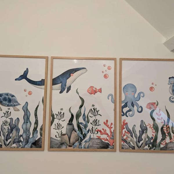 Triple affiche fonds marins pour enfants, ensemble style aquarelle ...