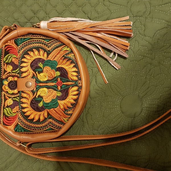 Yellow Bird Pattern Leather Round Crossbody Bag for Women, Unique Hmong ...