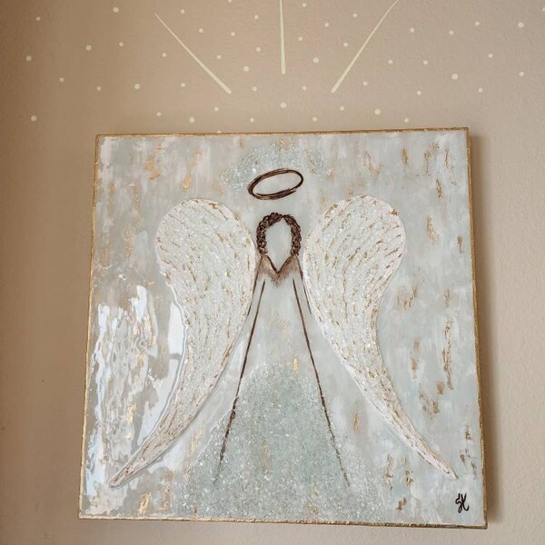 Textured Front Angel With Glass, Block Art, Glass Art, Crushed Glass ...