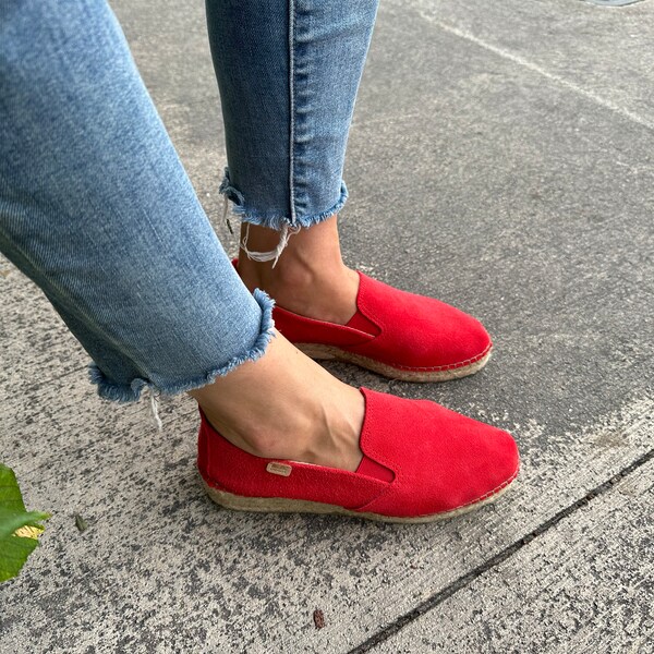 Women's Suede Classic Red Low Wedge Maria Espadrilles Shoes, Hand Made ...
