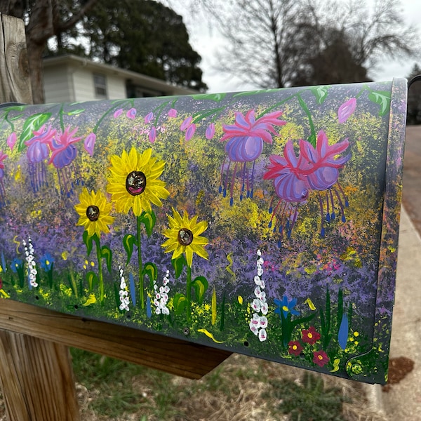 Hand Painted Mailbox, Medium Mailbox, Wildflowers, Hummingbirds, Floral ...