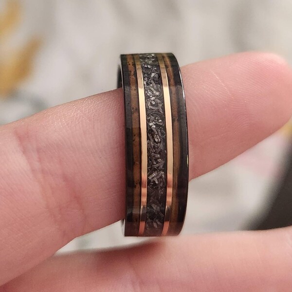 Burnt Whiskey Barrel Ring With Meteorite, Meteorite Wedding Ring ...