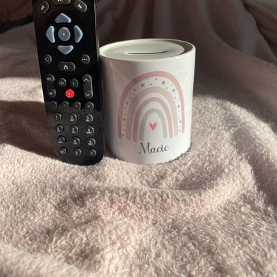 Personalised Rainbow Money Box, Pink or Blue Ceramic Piggy Bank for ...