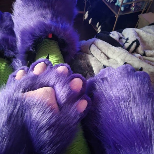 White and Purple Wolf Paw Gloves, Fluffy Kitten Fursuit Paws, Fox Paw ...