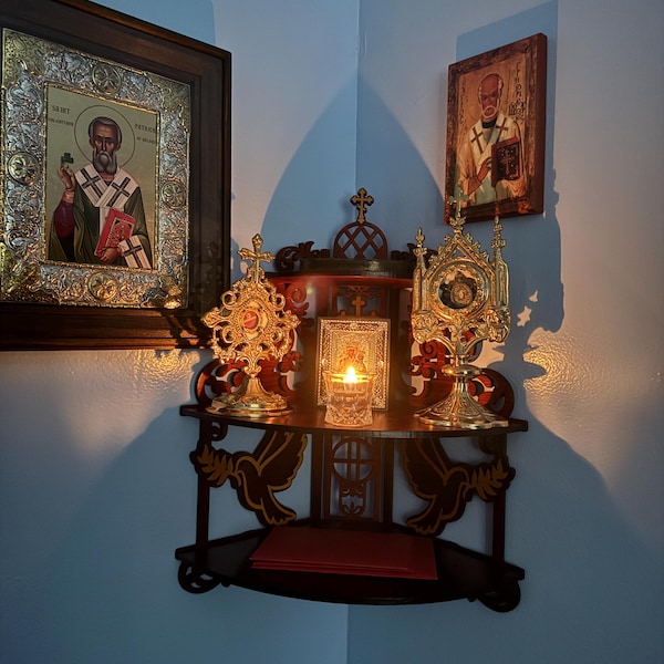 Wood Corner Shelf Altar Wooden Display Christian Catholic Orthodox Home ...