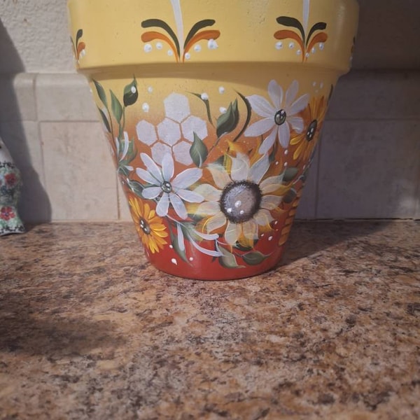 Terracotta 6" Flower Pot Sunflowers, Handpainted, Homemade, Unique ...