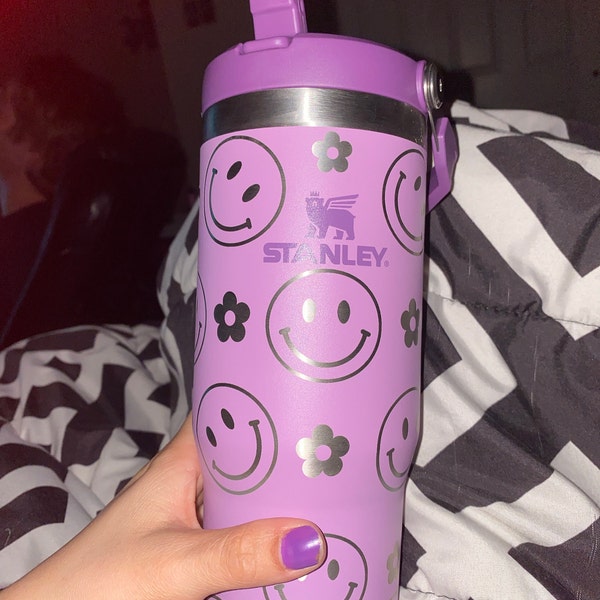 Smiley Face Stanley Flip Straw Lavender Lilac Purple Custom Laser ...
