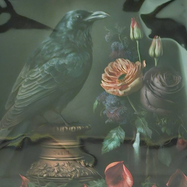 Black Raven Still Life Painting | Crow Perched With Floral, Black Bird ...
