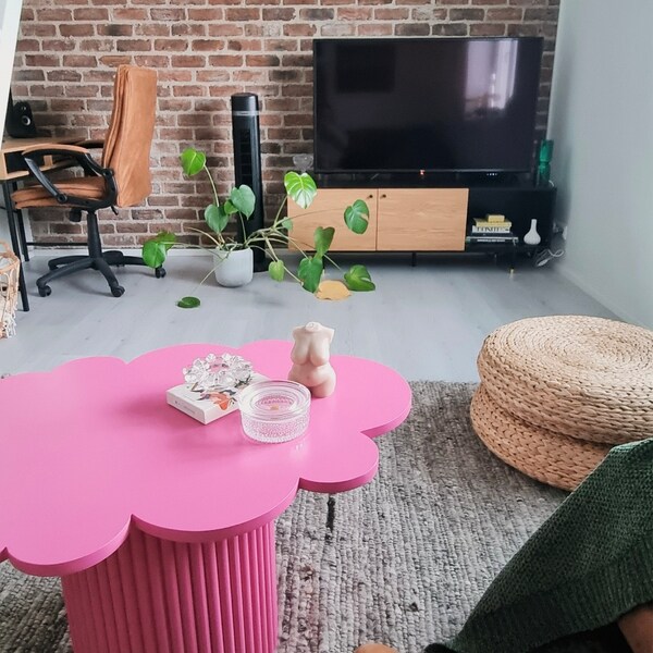 Round Fluted Table Wooden Fluted Table Creamy White Coffee Table Ribbed ...