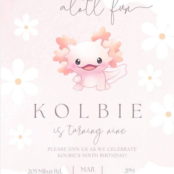 Self-editable 5x7 Axolotl Invitation - Birthday Invite Kids Party ...