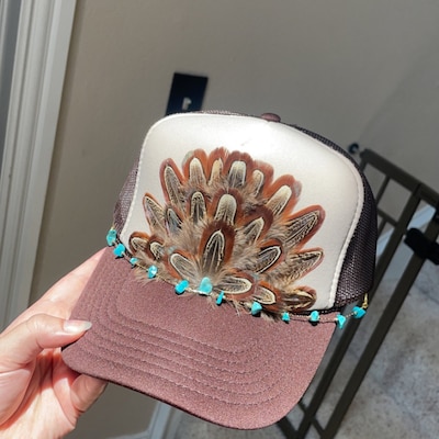 FEATHER Trucker Hat With Turquoise Stone, Western Fashion Black White ...