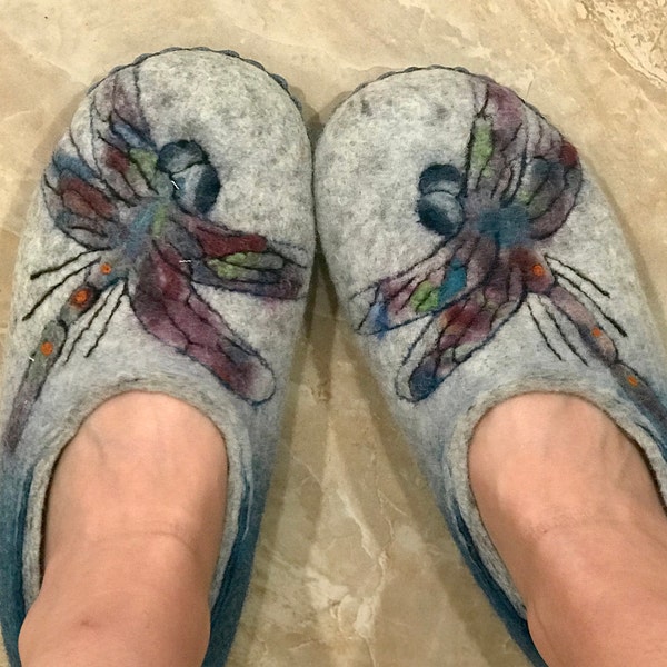 Dragonfly Art Felted Slippers for Women, Grey and Emerald Green Wool ...