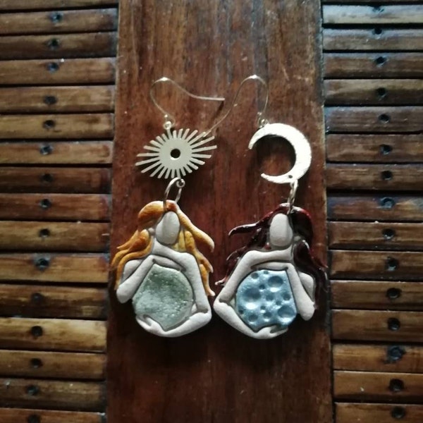 Artemis Goddess Earrings, Sun and Moon Goddess Dangles, Sun and Moon ...